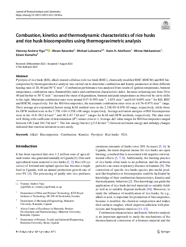(PDF) Combustion, kinetics and thermodynamic characteristics of rice husks and rice husk ...