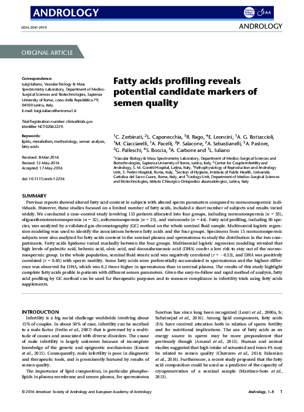 (PDF) Fatty acids profiling reveals potential candidate markers of semen quality