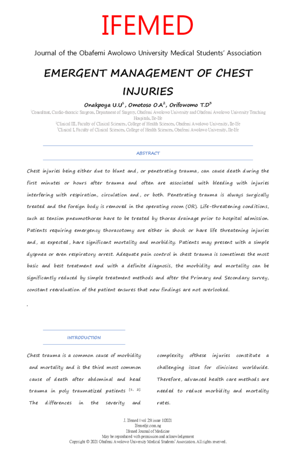 (PDF) EMERGENCY MANAGEMENT OF CHEST INJURIES