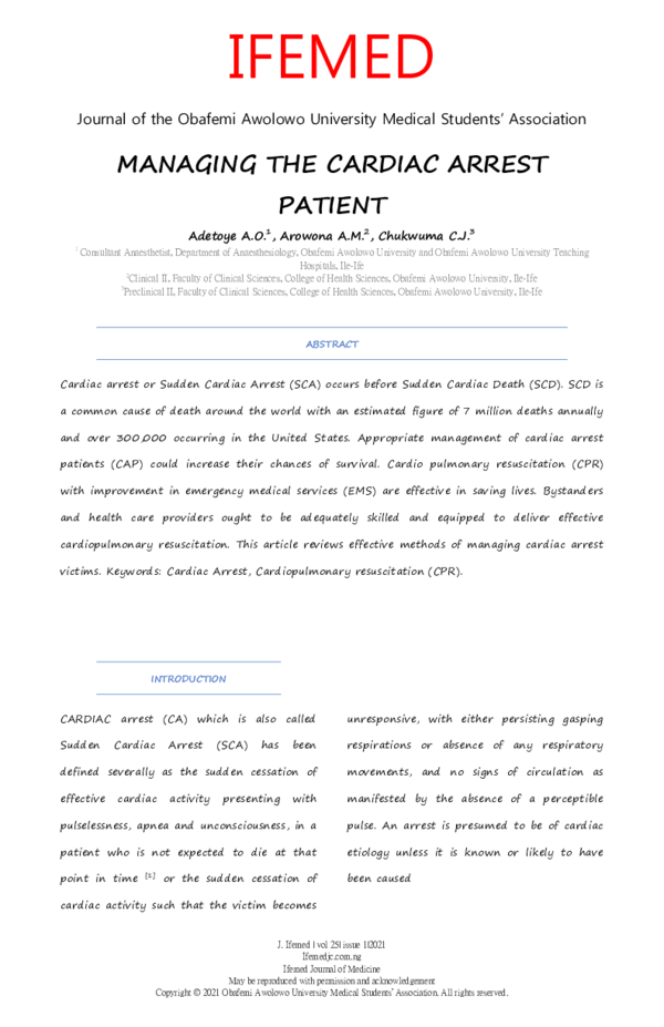 Pdf Managing The Cardiac Arrest Patient Ifemed Journal