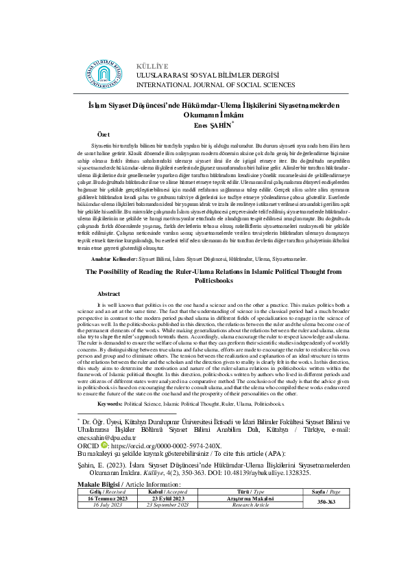 (PDF) İslam Siyaset Düşüncesi'nde Hükümdar-Ulema İlişkilerini Siyasetnamelerden Okumanın İmkânı