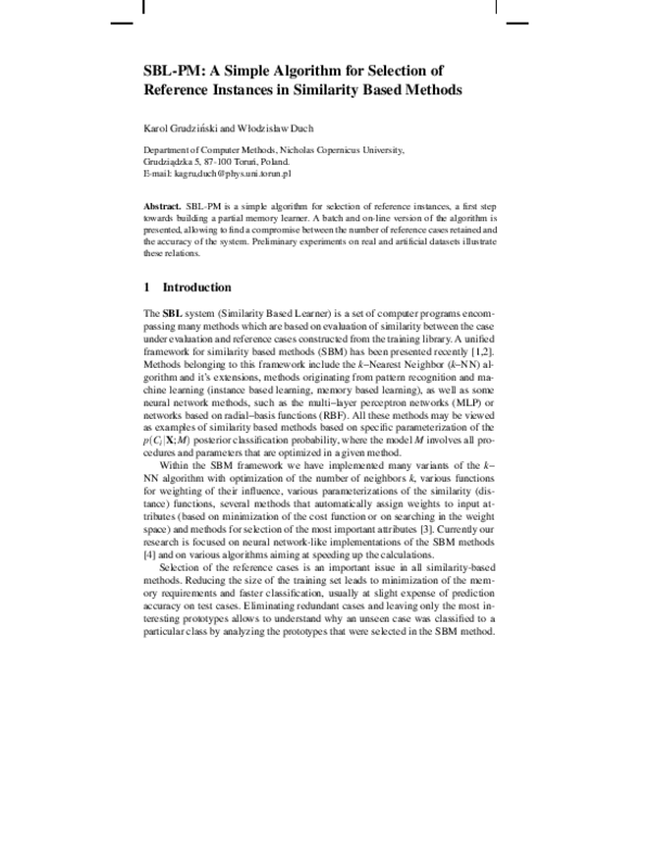 Pdf Sbl Pm A Simple Algorithm For Selection Of Reference Instances In Similarity Based