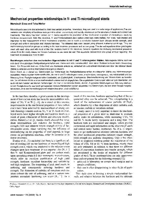 (PDF) Mechanical properties relationships in V- and Ti-microalloyed steels