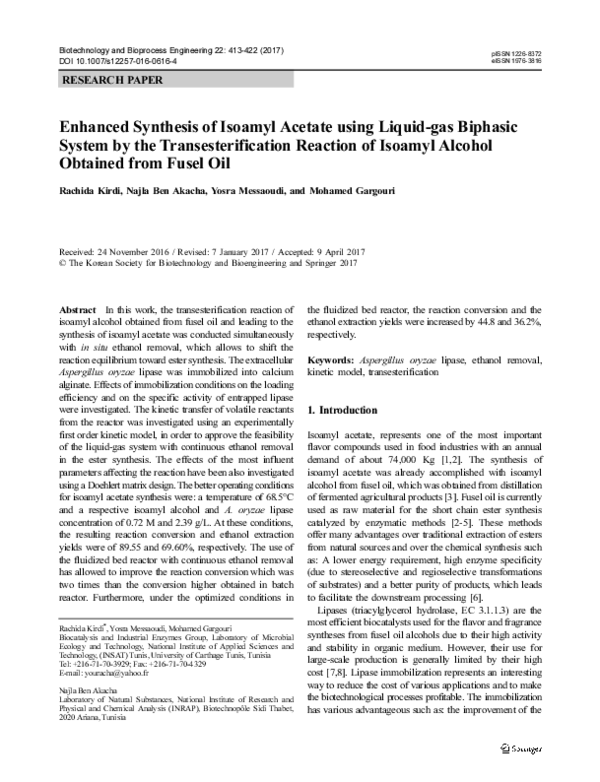 (PDF) Enhanced synthesis of isoamyl acetate using liquid-gas biphasic system by the ...