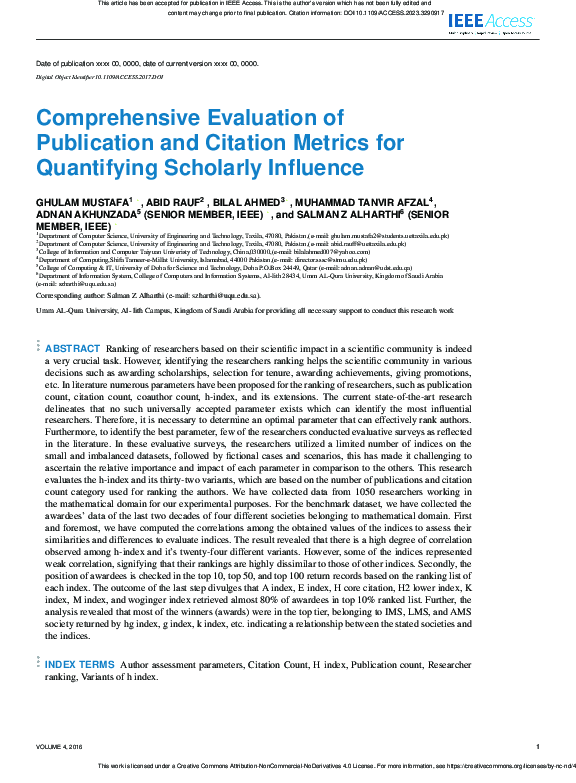 (PDF) Comprehensive Evaluation of Publication and Citation Metrics for ...