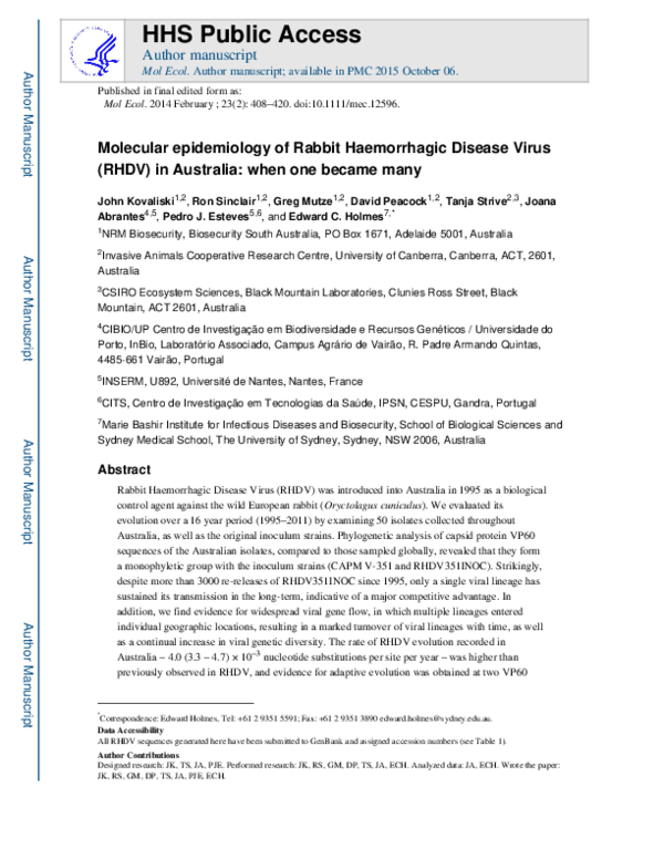 (PDF) Molecular epidemiology of Rabbit Haemorrhagic Disease Virus in ...