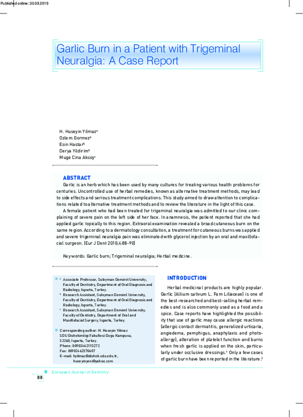 (PDF) Garlic Burn in a Patient with Trigeminal Neuralgia: A Case Report