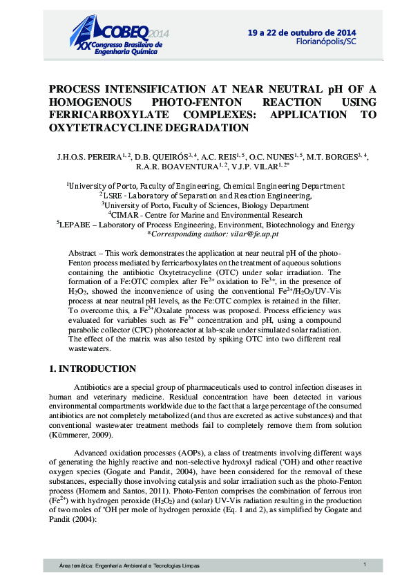 (PDF) Process Intensification at Near Neutral pH of a Homogeneous Photo-Fenton Reaction Using ...