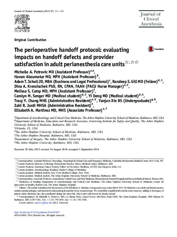 (PDF) The perioperative handoff protocol: evaluating impacts on handoff ...