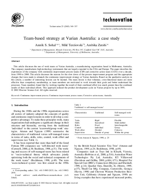 (PDF) Team-based strategy at Varian Australia: a case study | Amrik Sohal - Academia.edu