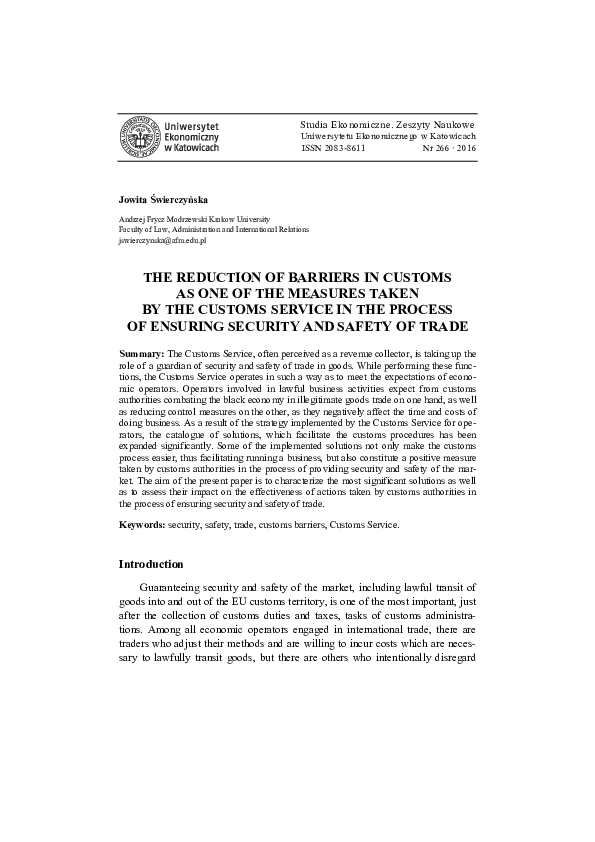 (PDF) The reduction of barriers in customs as one of the measures taken ...