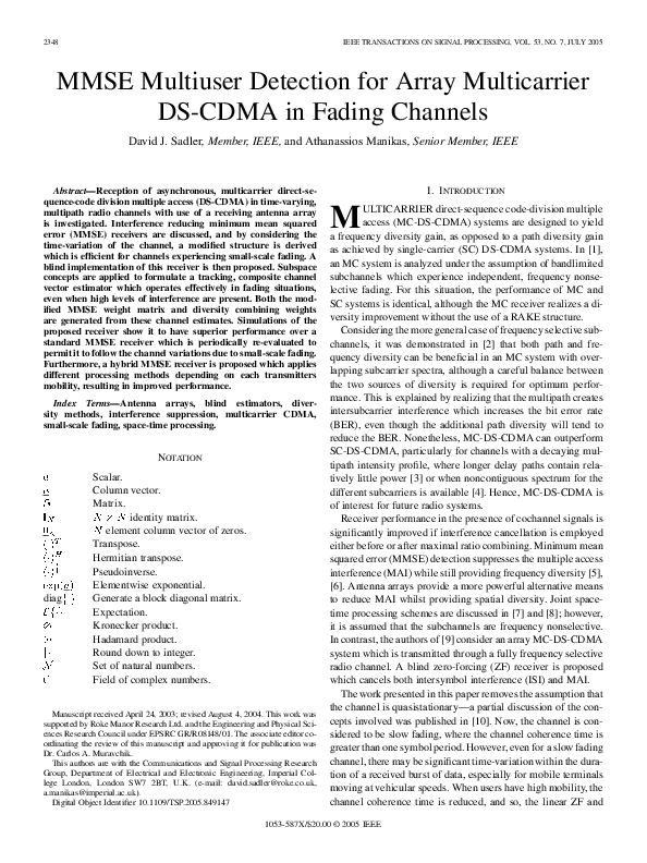 (PDF) MMSE multiuser detection for array multicarrier DS-CDMA in fading channels | Athanassios ...