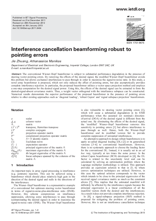 Pdf Interference Cancellation Beamforming Robust To Pointing Errors