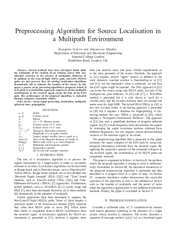 Pdf Preprocessing Algorithm For Source Localisation In A Multipath Environment