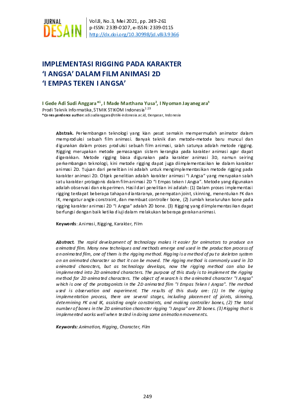 (PDF) Implementasi Rigging pada Karakter ‘I Angsa’ dalam Film Animasi 2D ‘I Empas Teken I Angsa’