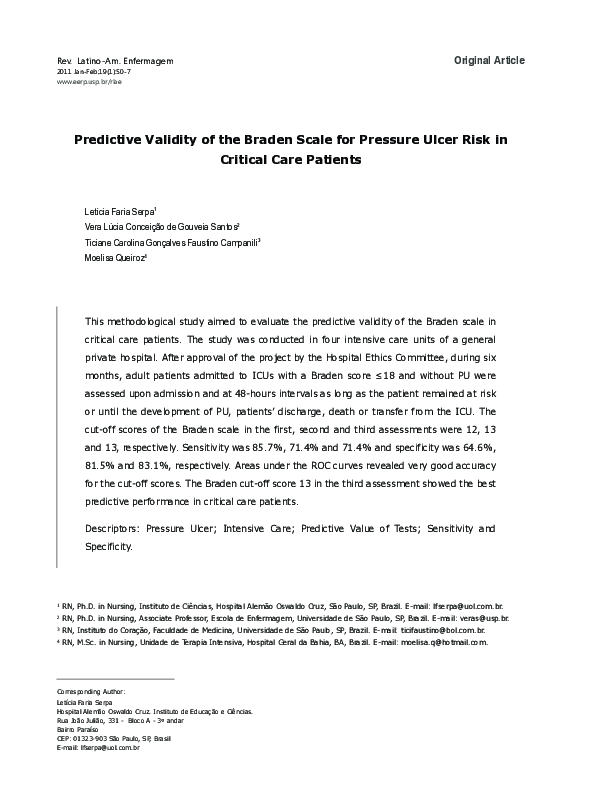 (PDF) Predictive validity of the Braden scale for pressure ulcer risk in critical care patients