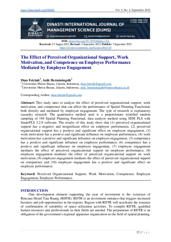 (PDF) The Effect of Perceived Organizational Support, Work Motivation, and Competence on ...