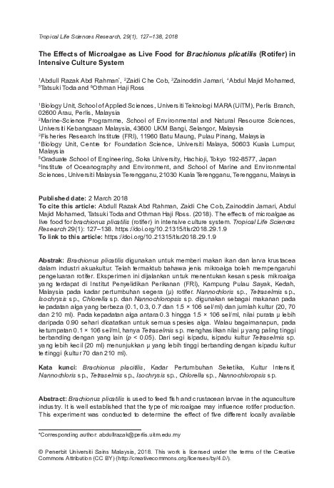 (PDF) The Effects of Microalgae as Live Food for Brachionus plicatilis ...