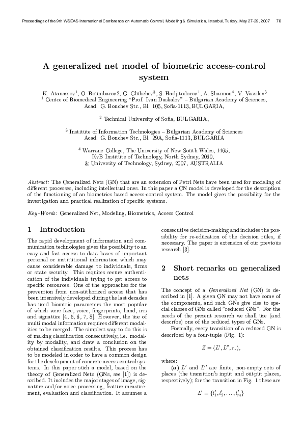 (PDF) A generalized net model of biometric access-control system