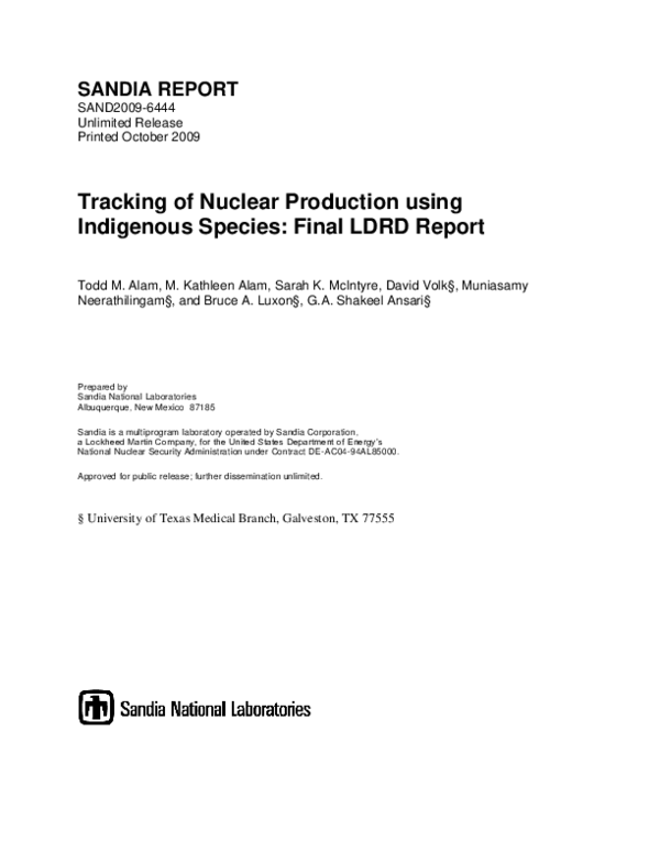 Pdf Tracking Of Nuclear Production Using Indigenous Species Final Ldrd Report