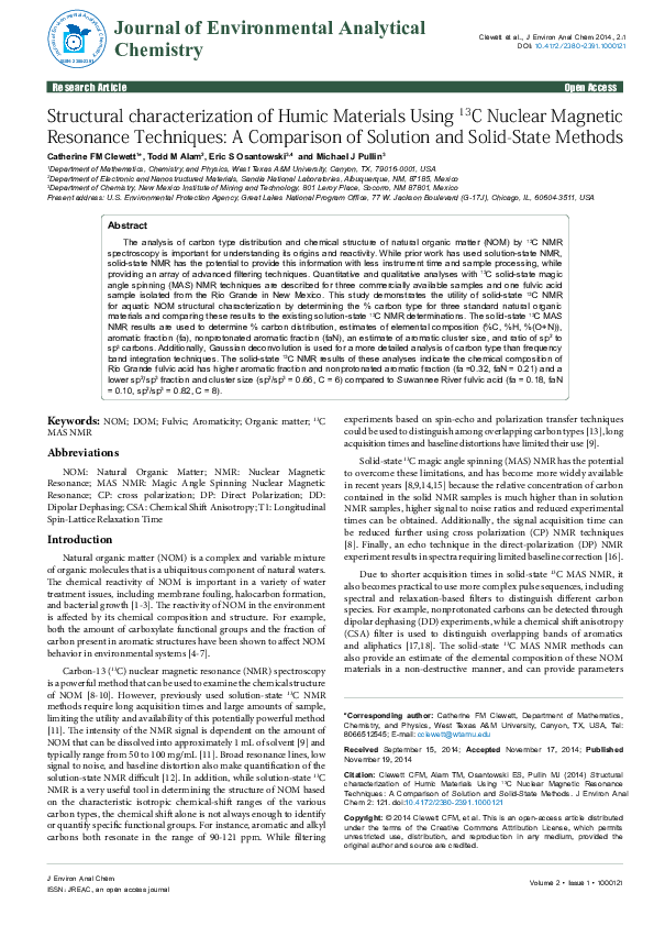 (PDF) Structural characterization of Humic Materials Using 13C Nuclear Magnetic Resonance ...