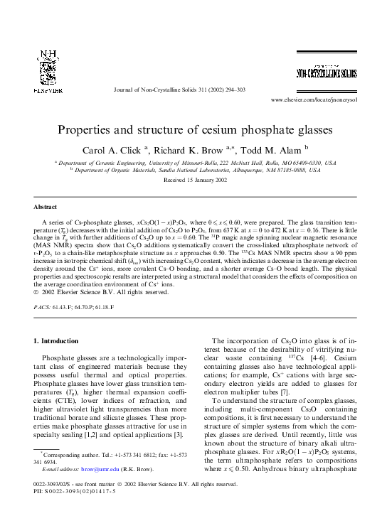 Pdf Properties And Structure Of Cesium Phosphate Glasses