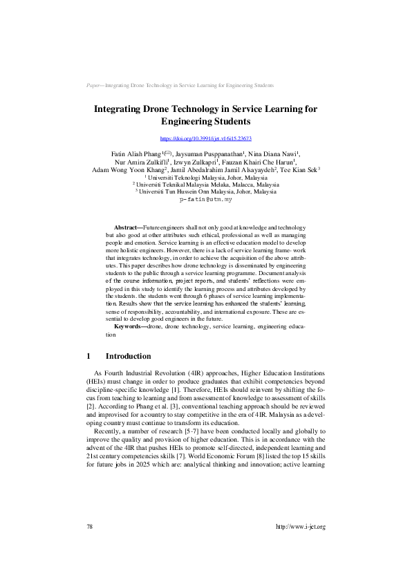 (PDF) Integrating Drone Technology in Service Learning for Engineering Students