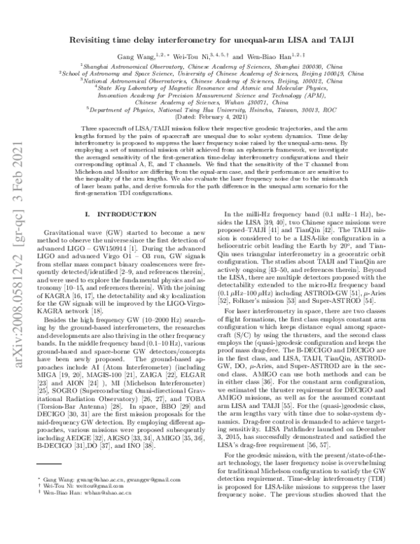 (PDF) Sensitivity investigation for unequal-arm LISA and TAIJI: the first-generation time-delay ...