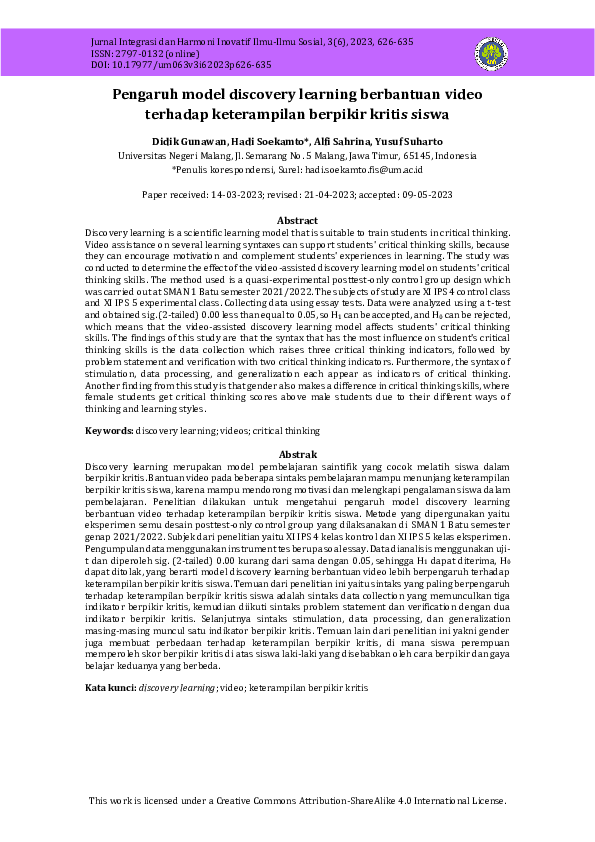 (PDF) Pengaruh model discovery learning berbantuan video terhadap keterampilan berpikir kritis siswa