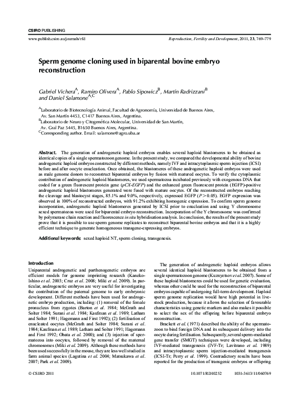 (PDF) Sperm genome cloning used in biparental bovine embryo reconstruction