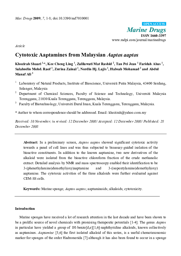 (PDF) Cytotoxic Aaptamines from Malaysian Aaptos aaptos