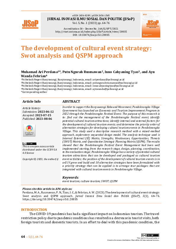 (PDF) The development of cultural event strategy: Swot analysis and ...