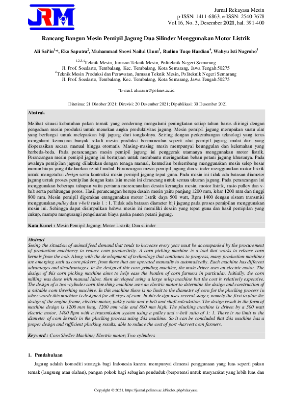 (PDF) Rancang Bangun Mesin Pemipil Jagung Dua Silinder menggunakan ...