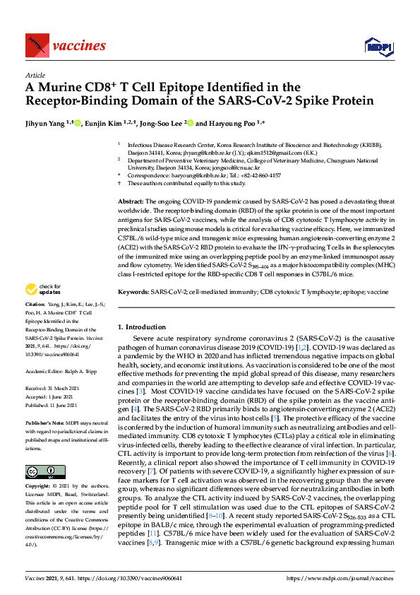 (PDF) A Murine CD8+ T Cell Epitope Identified in the Receptor-Binding ...