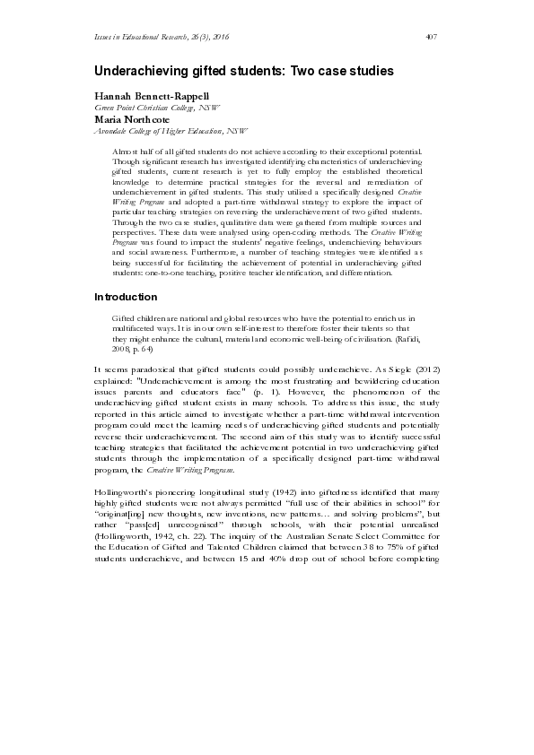 (PDF) Underachieving Gifted Students: Two Case Studies