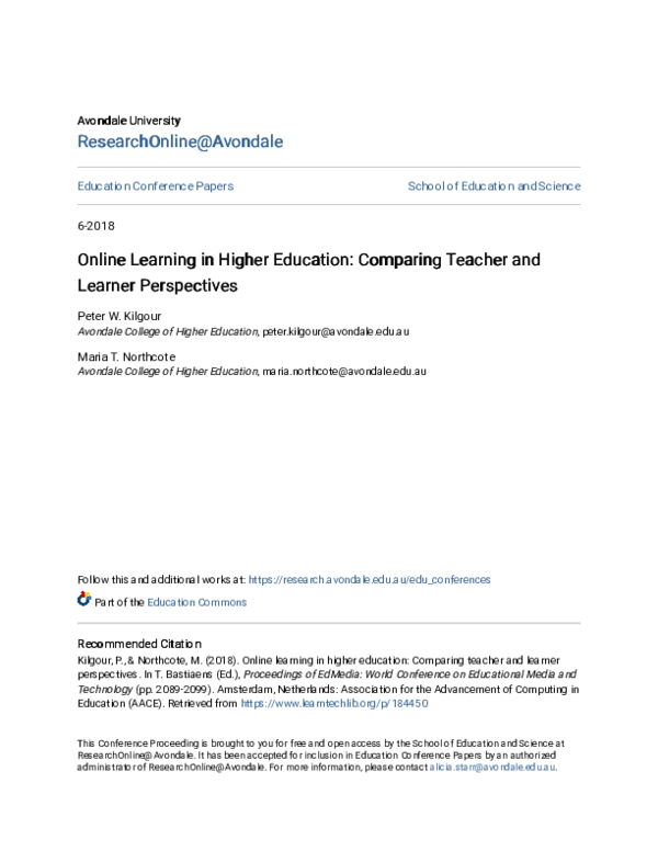 (PDF) Online Learning in Higher Education: Comparing Teacher and ...