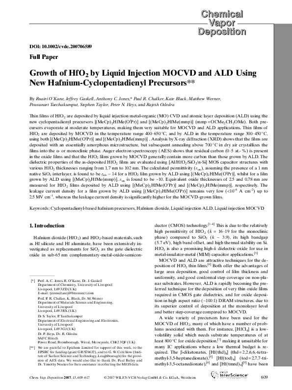 (PDF) Growth of HfO2 by Liquid Injection MOCVD and ALD Using New ...