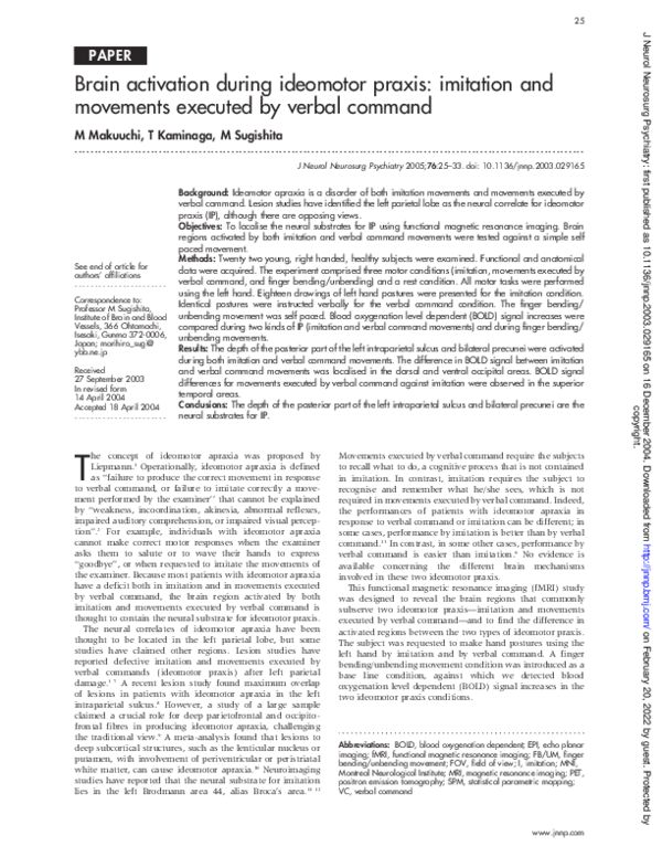 (PDF) Brain activation during ideomotor praxis: imitation and movements ...