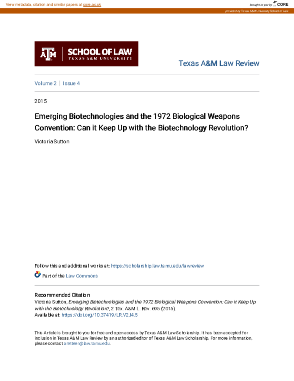 (PDF) Emerging Biotechnologies and the 1972 Biological Weapons Convention