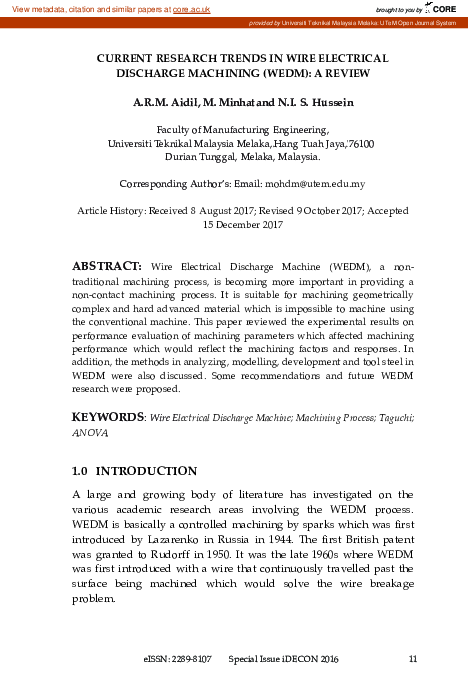 (PDF) Current Research Trends in Wire Electrical Discharge Machining (WEDM): A Review