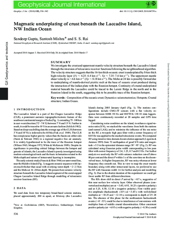 (PDF) Magmatic underplating of crust beneath the Laccadive Island, NW Indian Ocean