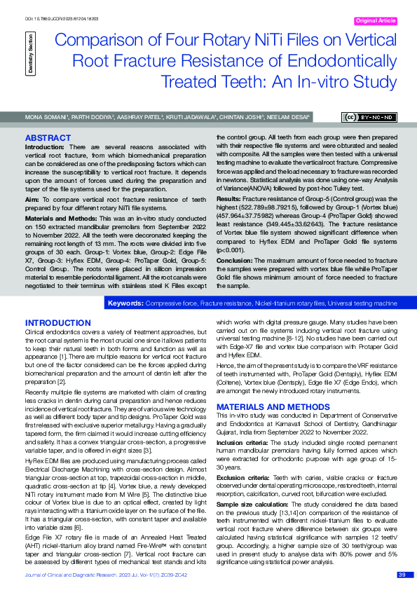 (PDF) Comparison of Four Rotary NiTi Files on Vertical Root Fracture ...