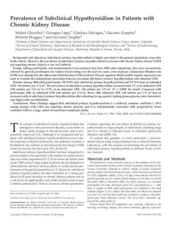 (PDF) Prevalence of Subclinical Hypothyroidism in Patients with Chronic ...