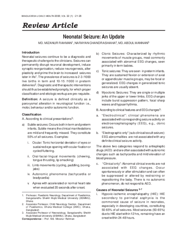 (PDF) Neonatal Seizure: An Update | Md Abdul Mannan - Academia.edu