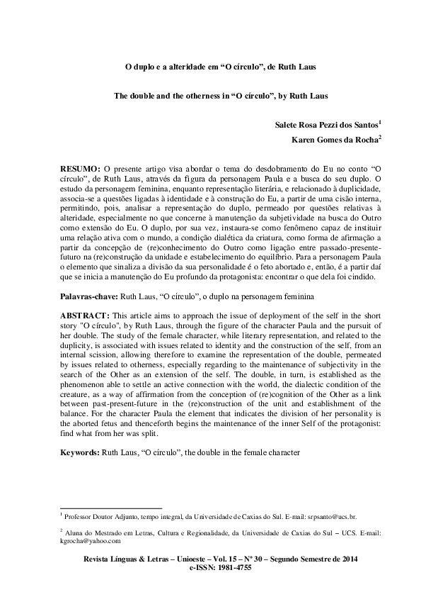 (PDF) O Duplo e a Alteridade Em “O Círculo”, De Ruth Laus
