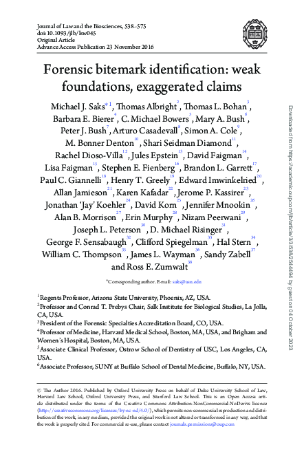 (PDF) Forensic bitemark identification: weak foundations, exaggerated ...