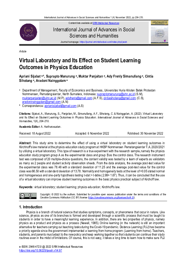 (PDF) Virtual Laboratory and Its Effect on Student Learning Outcomes in Physics Education