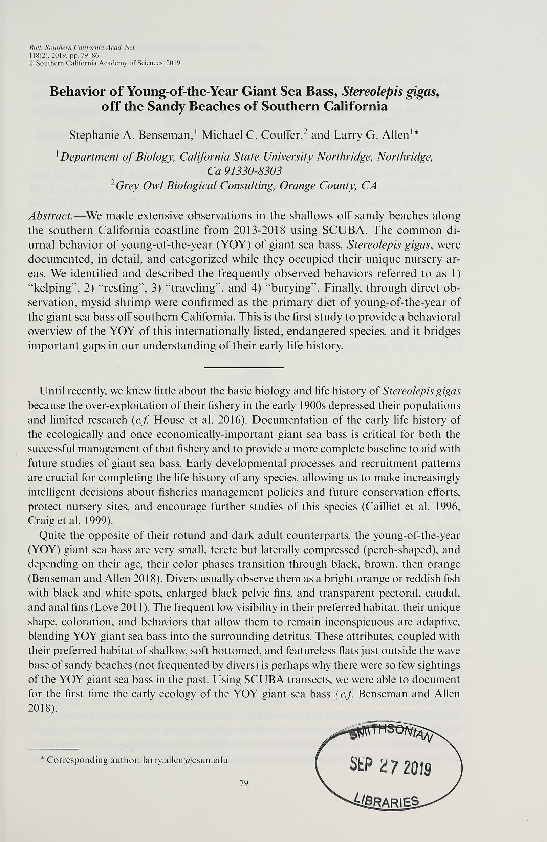 (PDF) Behavior of Young-of-the-Year Giant Sea Bass, Stereolepis gigas ...