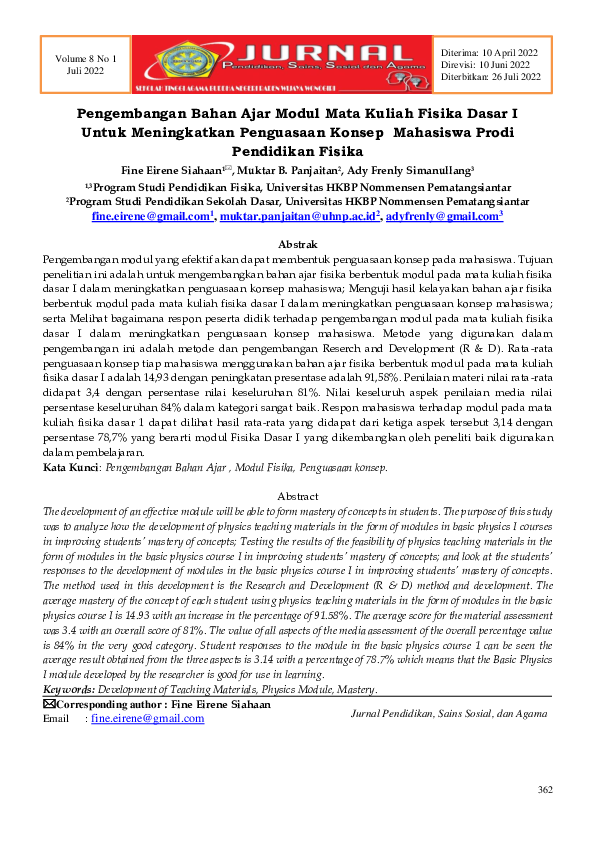 (PDF) Pengembangan Bahan Ajar Modul Mata Kuliah Fisika Dasar I Untuk Meningkatkan Penguasaan ...