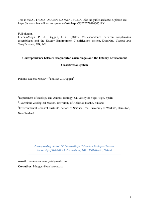(PDF) Correspondence between zooplankton assemblages and the Estuary Environment Classification ...